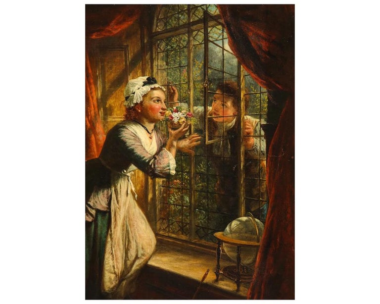 19th Century Romantic English Painting of a Maid and Her Lover, Signed ...