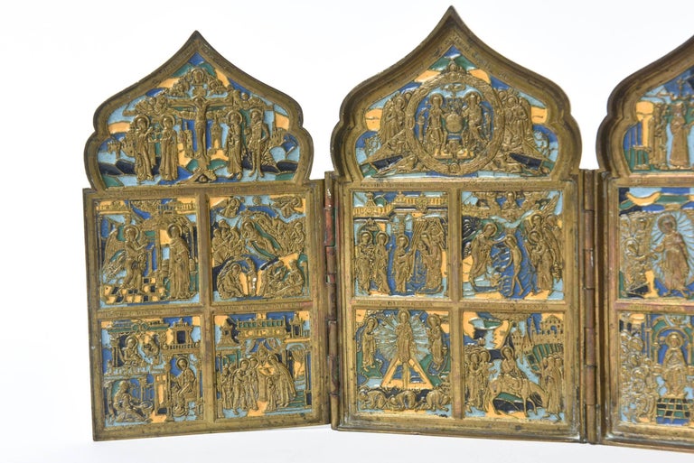 19th Century Russian Enamel and Brass Folding Travel Prayer Icon Four-Panel at 1stDibs