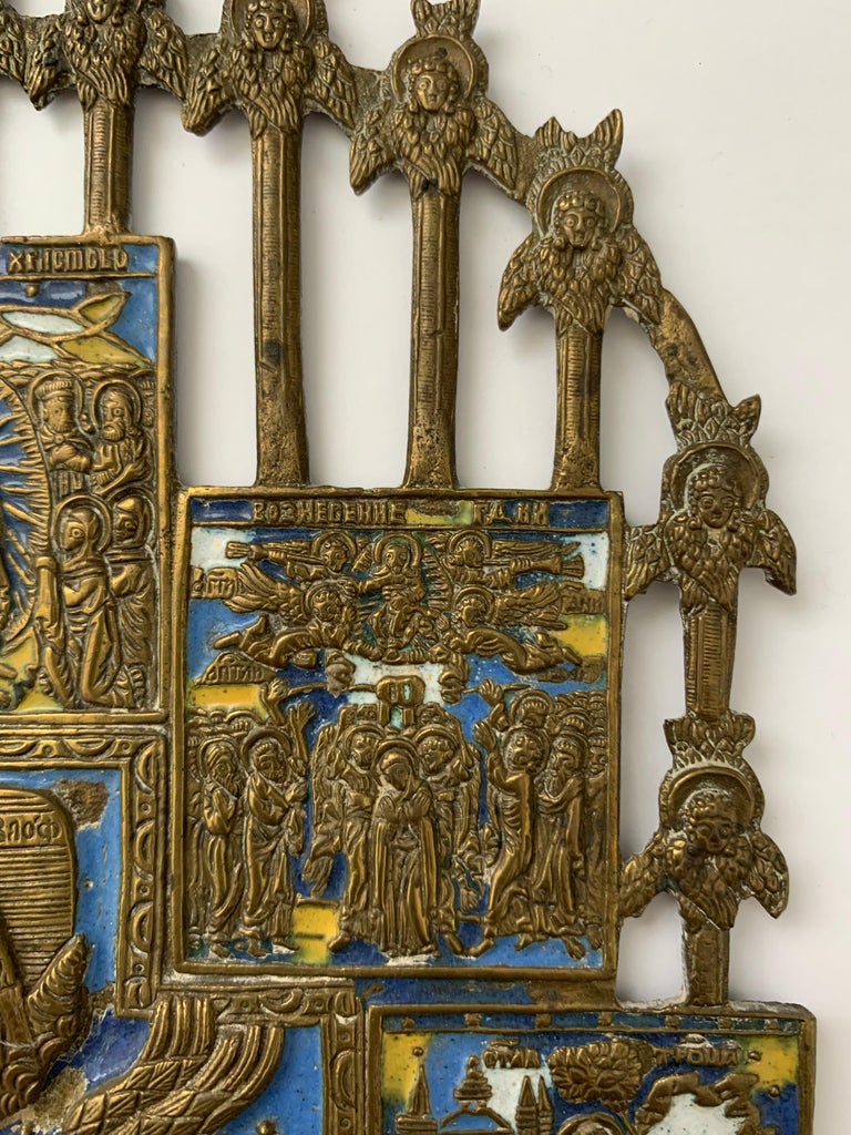 19th Century Russian Orthodox Bronze and Enamel Cross For Sale at 1stDibs