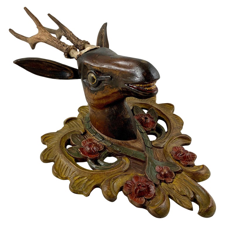 19th Century Rustic Black Forest Carved Painted Walnut and Antler Deer ...
