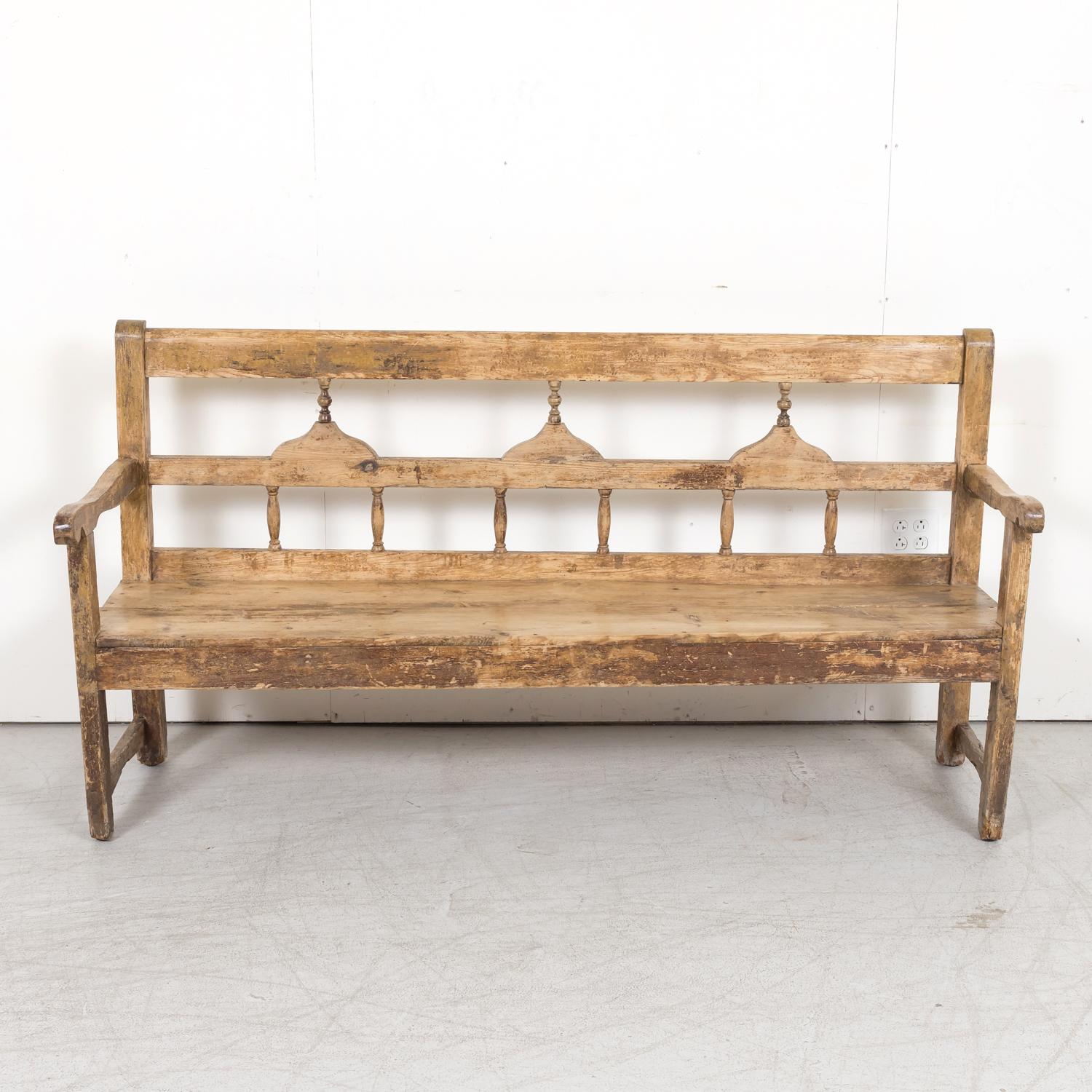 19th Century Rustic French Pine Hall Bench with Arms at 1stDibs