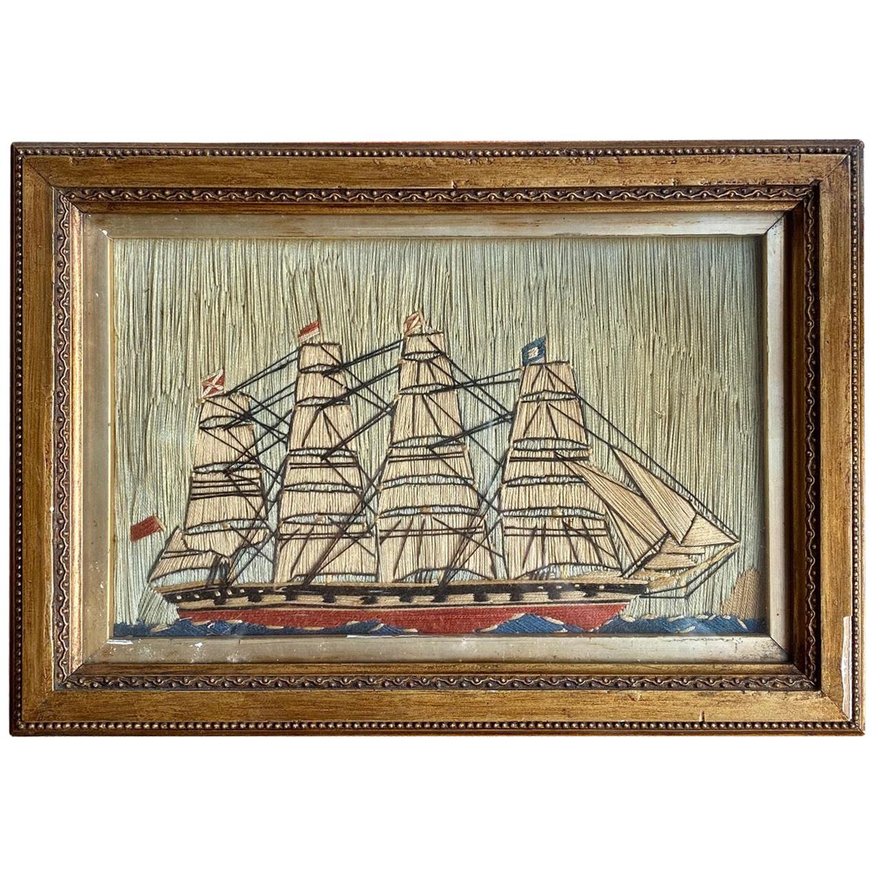 19th Century Sailor's Wool Work of Four Masted Ship at 1stDibs