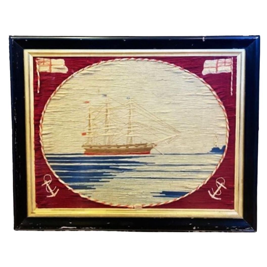 19th Century Sailor's Folk Art Woolie with Ship of the Line and Sloop ...