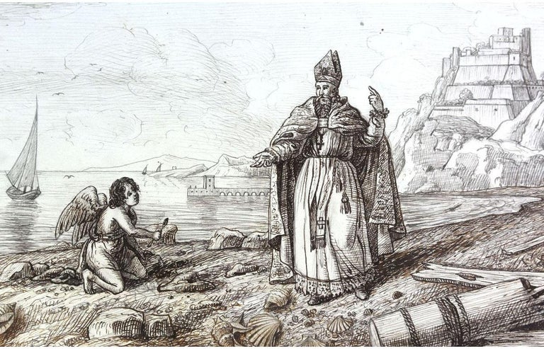 19th Century "Saint Augustin" Watercolor Drawing on Paper from the 18th ...