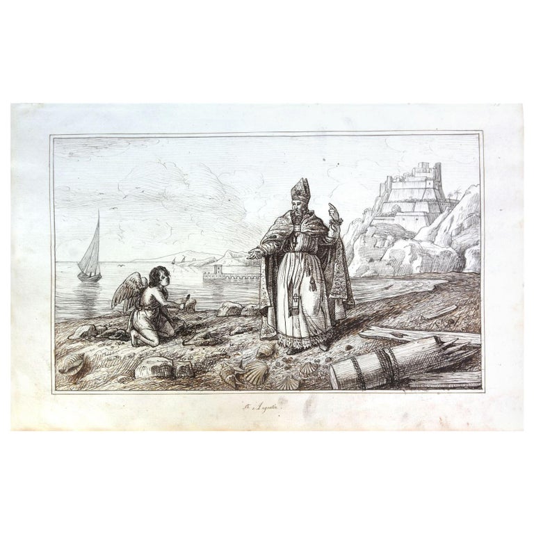 19th Century "Saint Augustin" Watercolor Drawing on Paper from the 18th ...