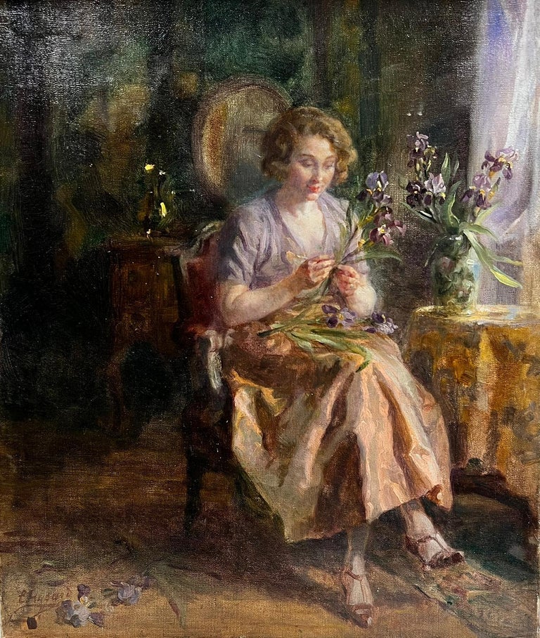 19th Century School - Antique French Signed Oil Interior Scene Lady ...