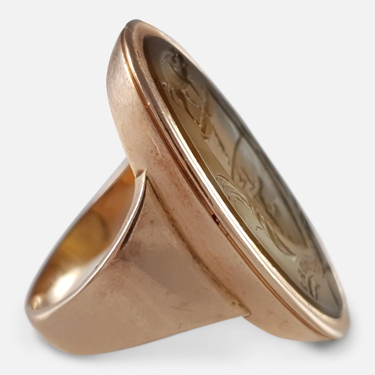 19th Century Scottish 9 Karat Gold Oval Crested Intaglio Agate Signet ...