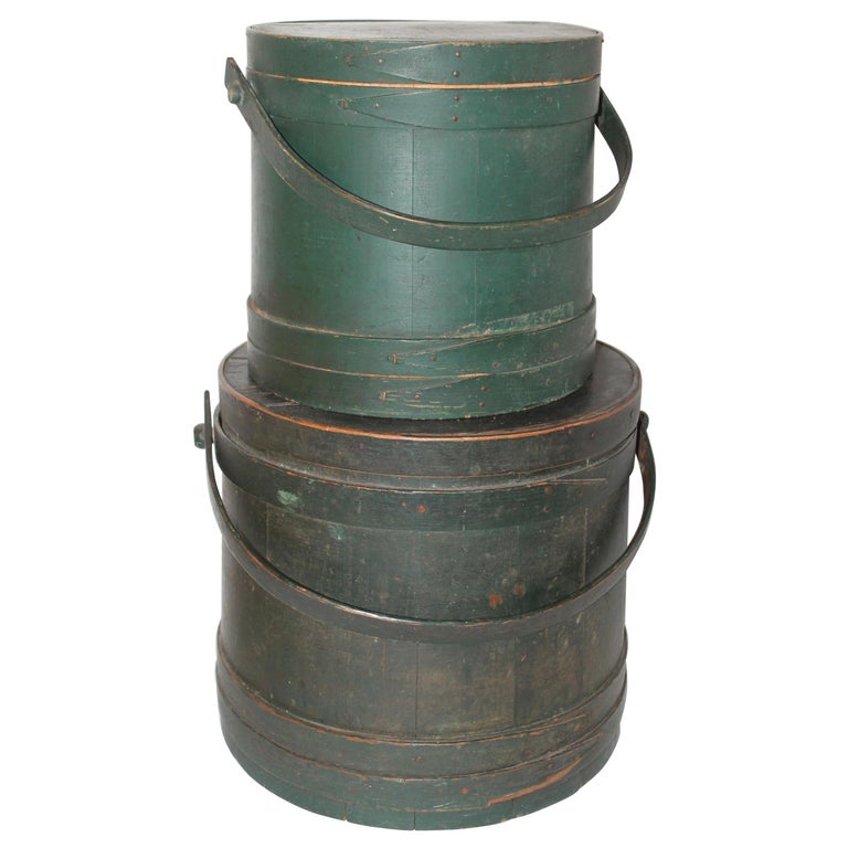 19th Century Set of 2 Original Green Painted Firkins at 1stDibs