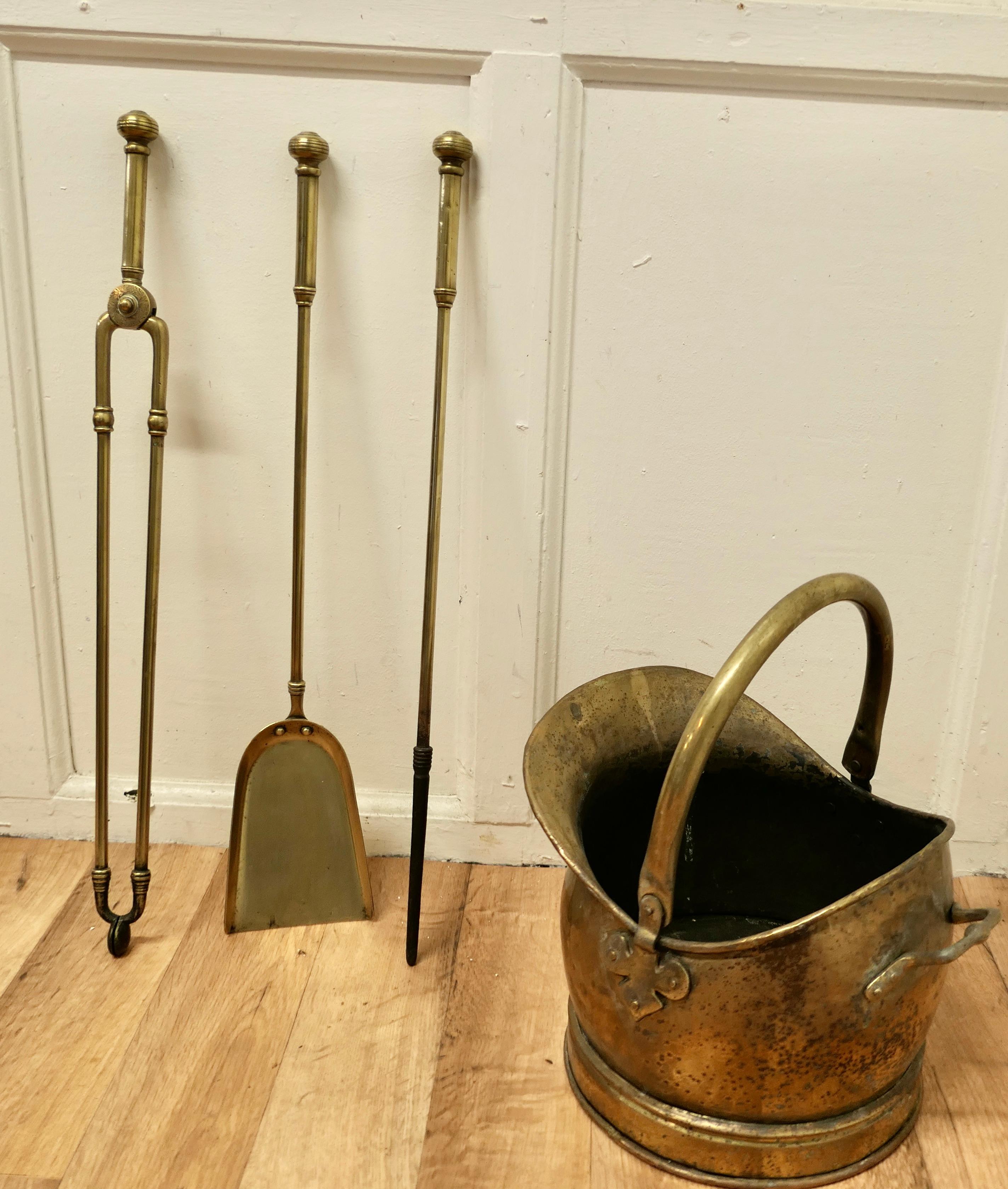 19th Century Set of Fireside Tools and a Coal Bucket at 1stDibs