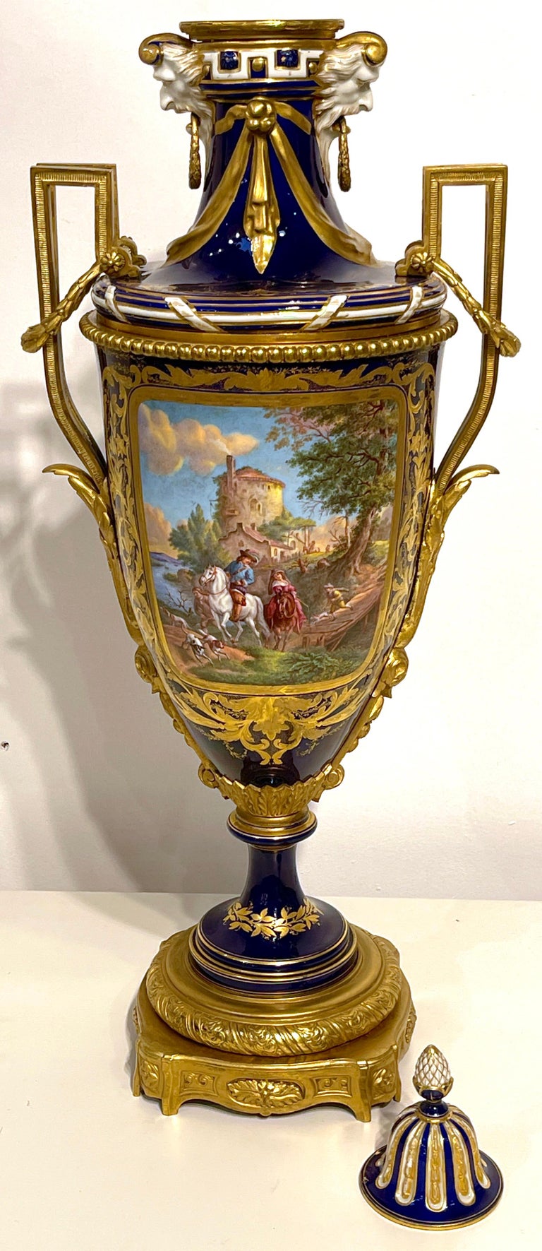 19th Century Sevres Cobalt and Ormolu Louis XIII Hunt Scene Vase and ...