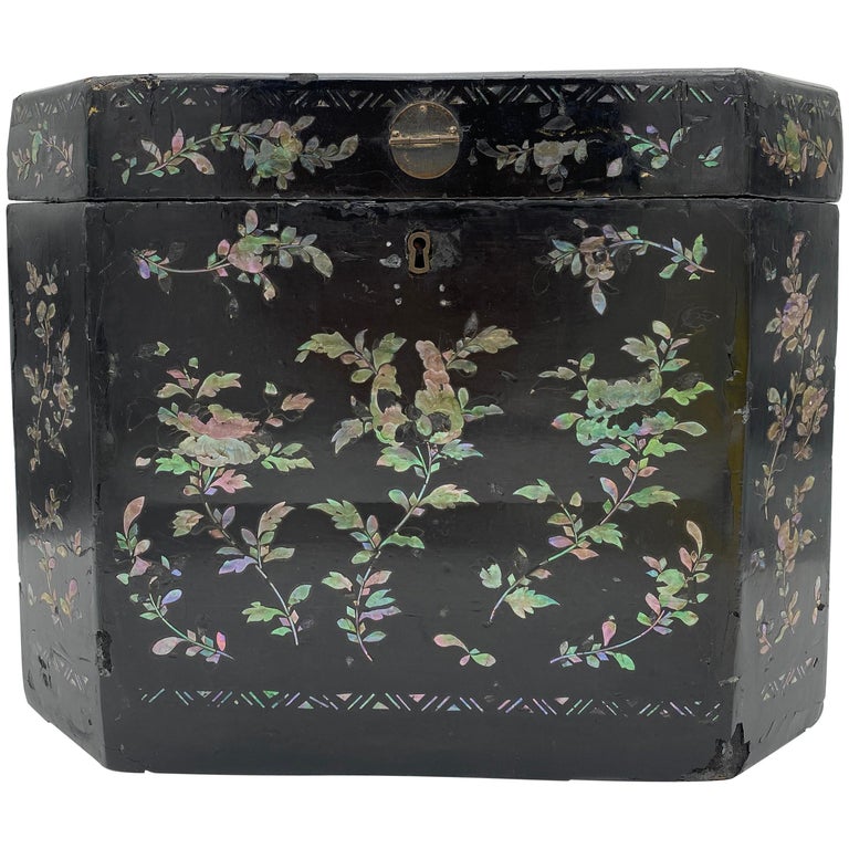 19th Century Shell Inlaid Black Lacquer Big Chinese Chest Labled ...