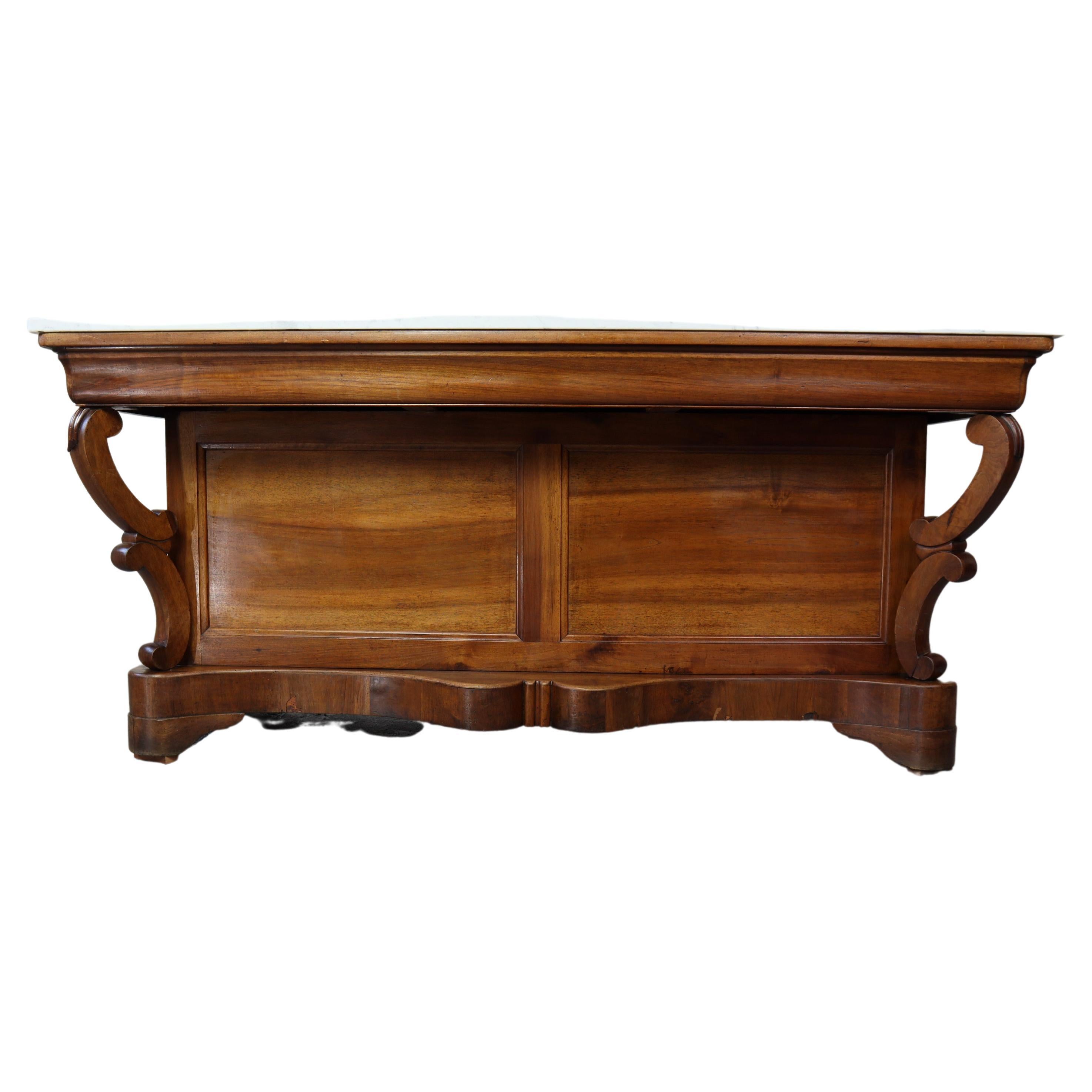 19th Century Shop Counter in Mahogany and Burl Wood Veneer with Marble ...