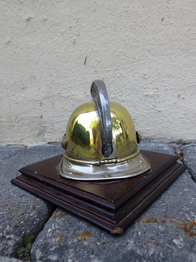 19th Century Silver and Brass Mixed Metal Helmet Ink Well on Wooden ...