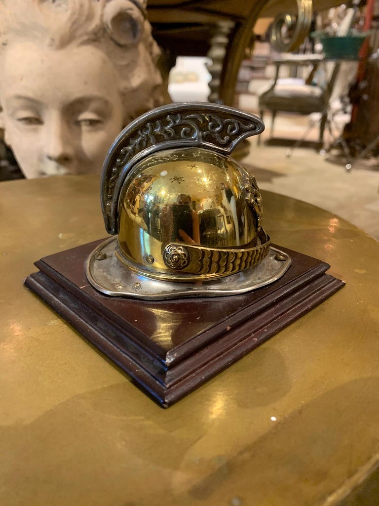 19th Century Silver and Brass Mixed Metal Helmet Ink Well on Wooden ...