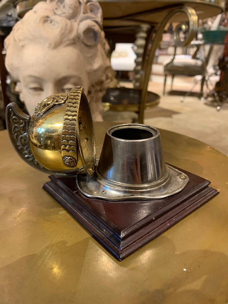 19th Century Silver and Brass Mixed Metal Helmet Ink Well on Wooden ...