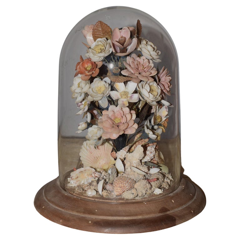 19th Century Small Antique Seashell Wedding Bouquet with Circular Glass ...