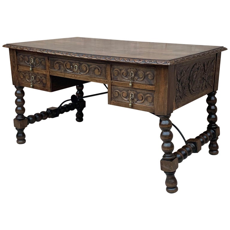 19th Century Spanish Baroque Style Oak Library Table or Desk at 1stDibs