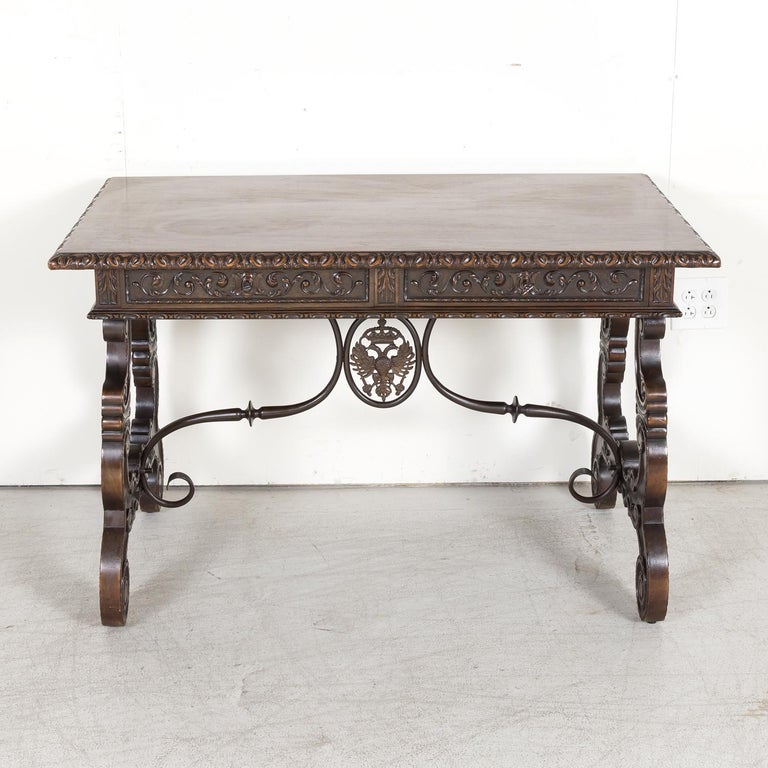 19th Century Spanish Baroque Style Walnut Lyre Leg Writing Table or ...
