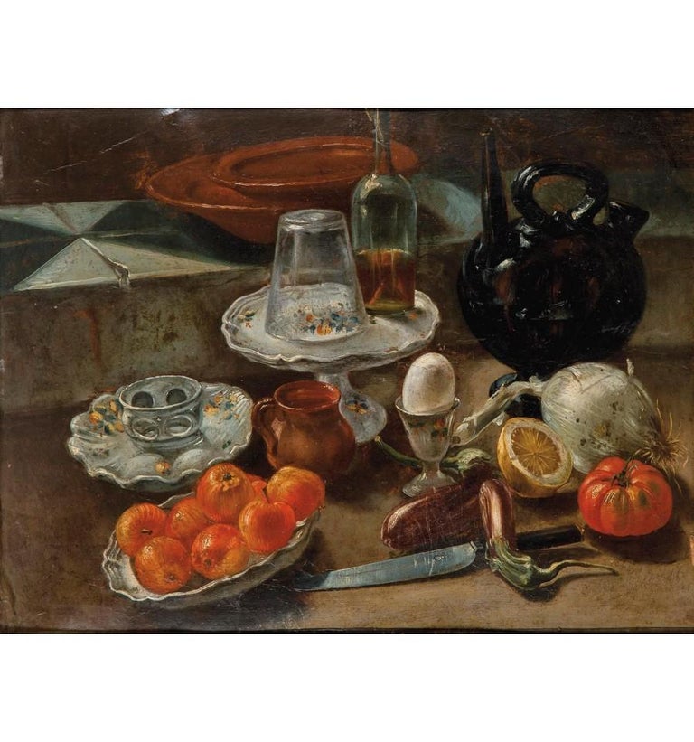 19th Century Spanish Bodegon with Alcora Ceramic Still Life Oil on ...