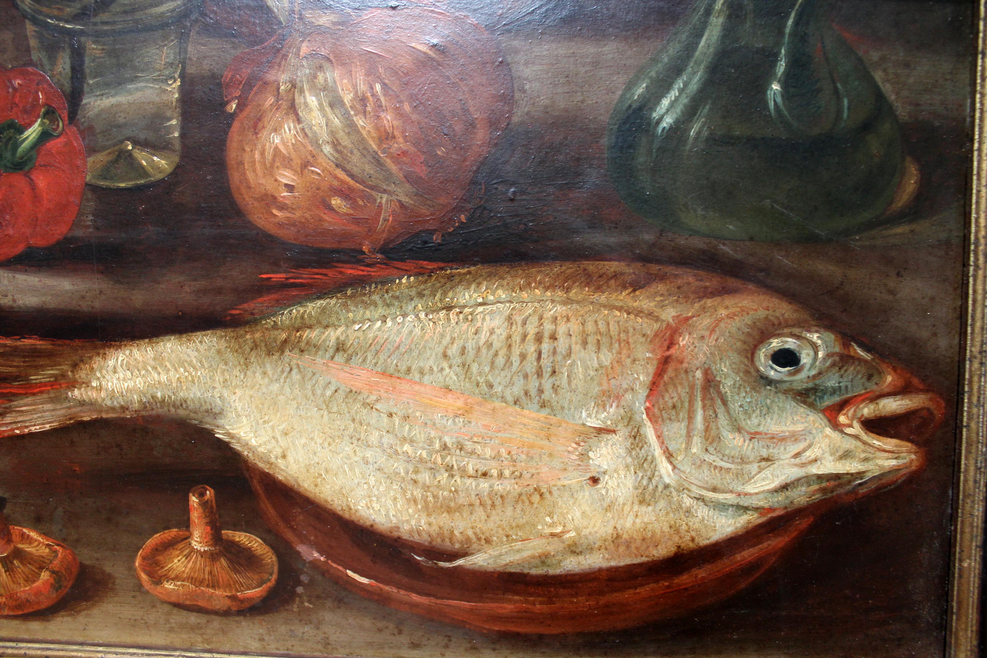 19th Century Spanish Bodegon with Fish and Alcora Ceramic Oil on Carton ...