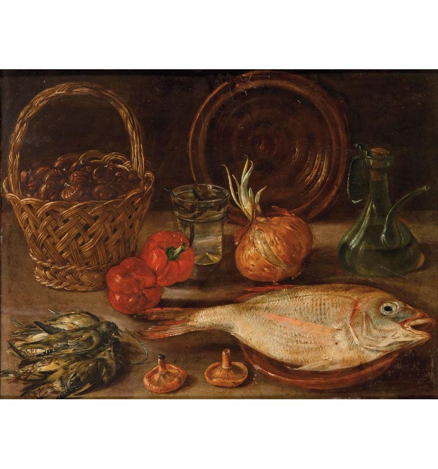 19th Century Spanish Bodegon with Fish and Alcora Ceramic Oil on Carton ...