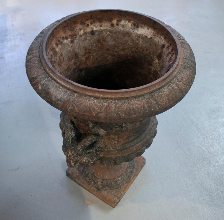 19th Century Spanish Cast Iron Painted Garden Urn Planter w/ Goat Heads ...