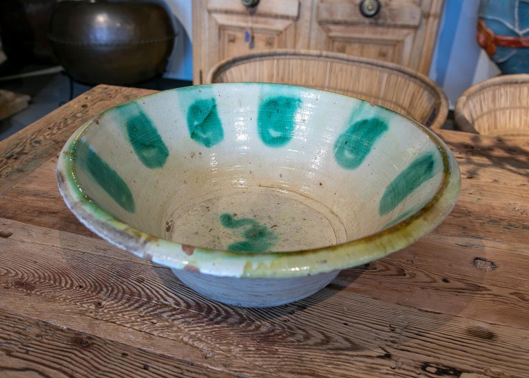 19th Century Spanish Ceramic Basin hand painted and Glazed in Green ...