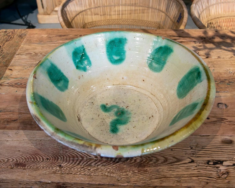 19th Century Spanish Ceramic Basin hand painted and Glazed in Green ...