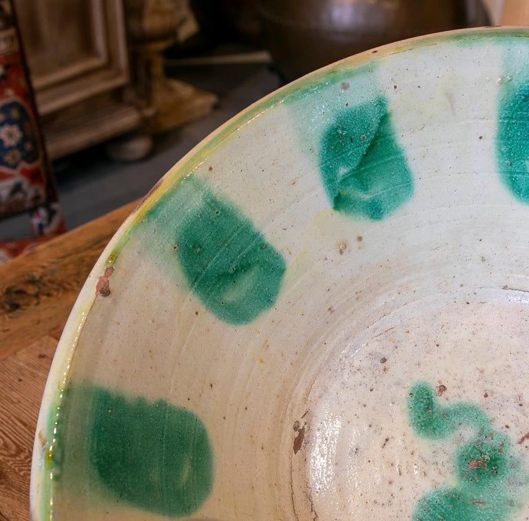 19th Century Spanish Ceramic Basin hand painted and Glazed in Green ...