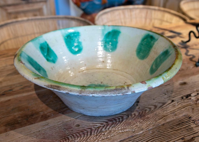 19th Century Spanish Ceramic Basin hand painted and Glazed in Green ...