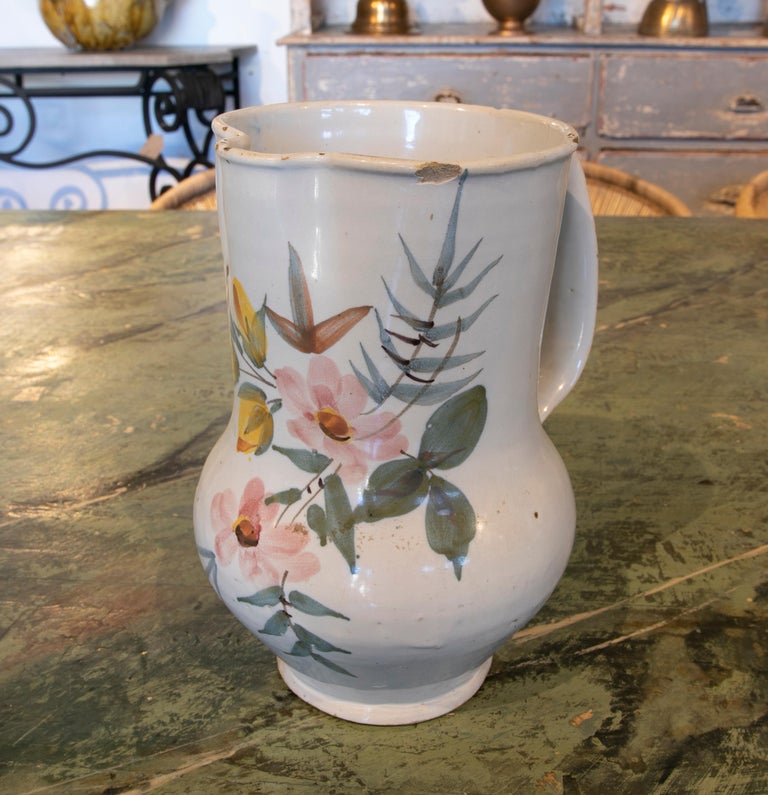 19th Century Spanish Ceramic Jug Hand Painted with Flowers For Sale at ...