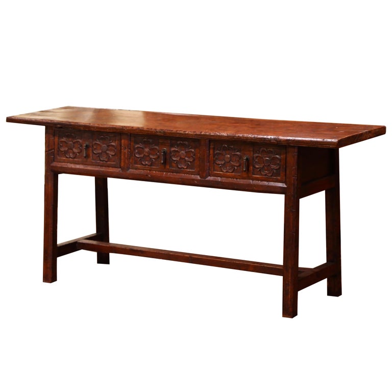 19th Century Spanish Colonial Carved Walnut Console Table with Drawers ...