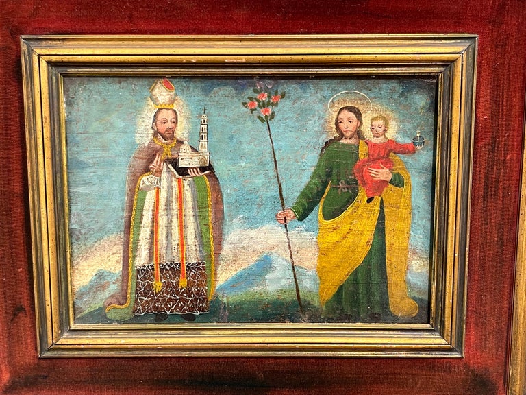 19th Century Spanish Colonial Icon /Retablo Saint and Christ and Child Landscape For Sale at 1stDibs