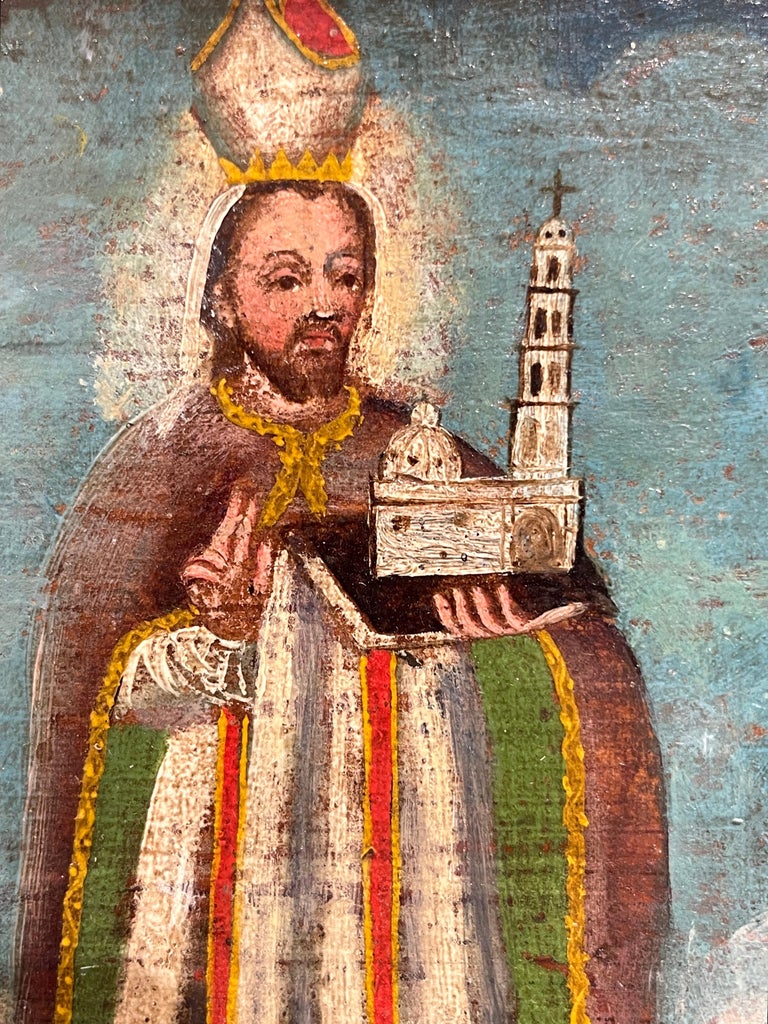 19th Century Spanish Colonial Icon /Retablo Saint and Christ and Child Landscape For Sale at 1stDibs
