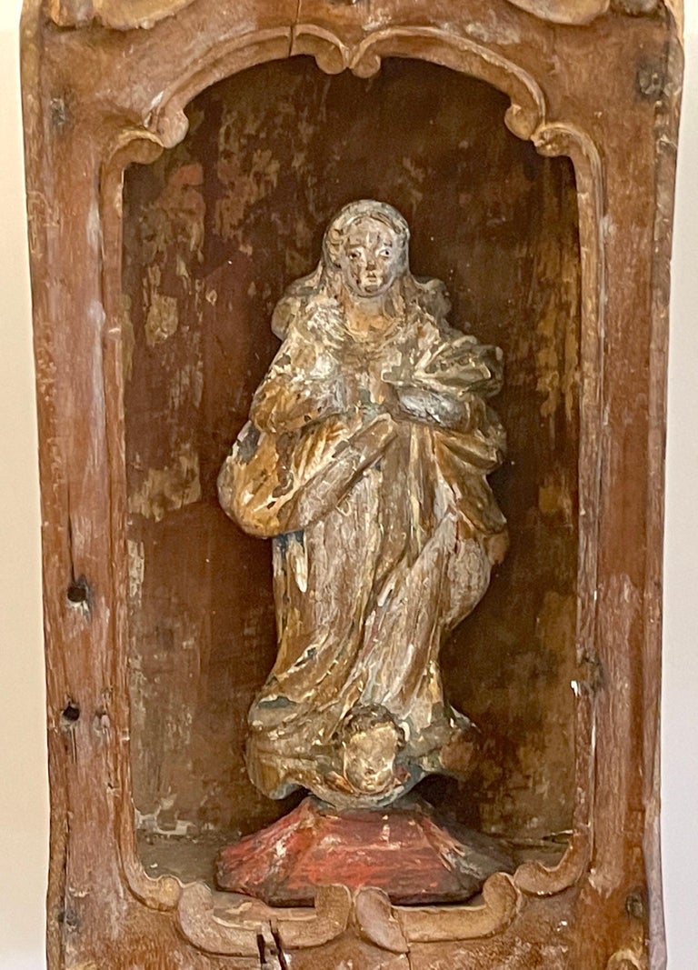 19th Century Spanish Colonial Santos Wall Hanging Shrine of the Virgin Mary For Sale at 1stDibs