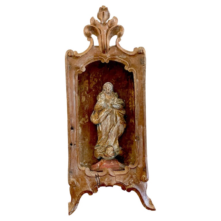 19th Century Spanish Colonial Santos Wall Hanging Shrine of the Virgin ...