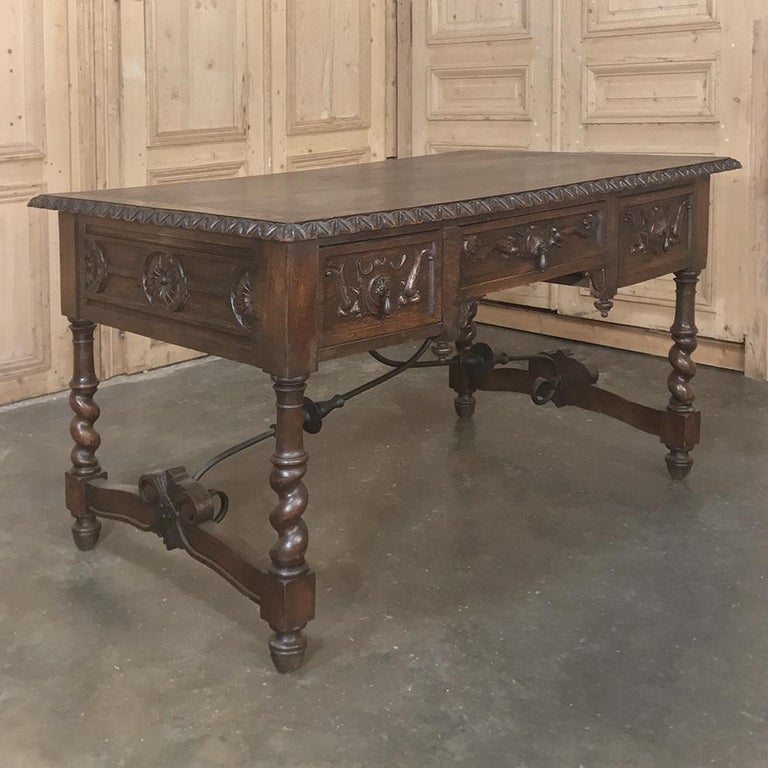 19th Century Spanish Hand Carved Oak Writing Desk with Wrought Iron at ...
