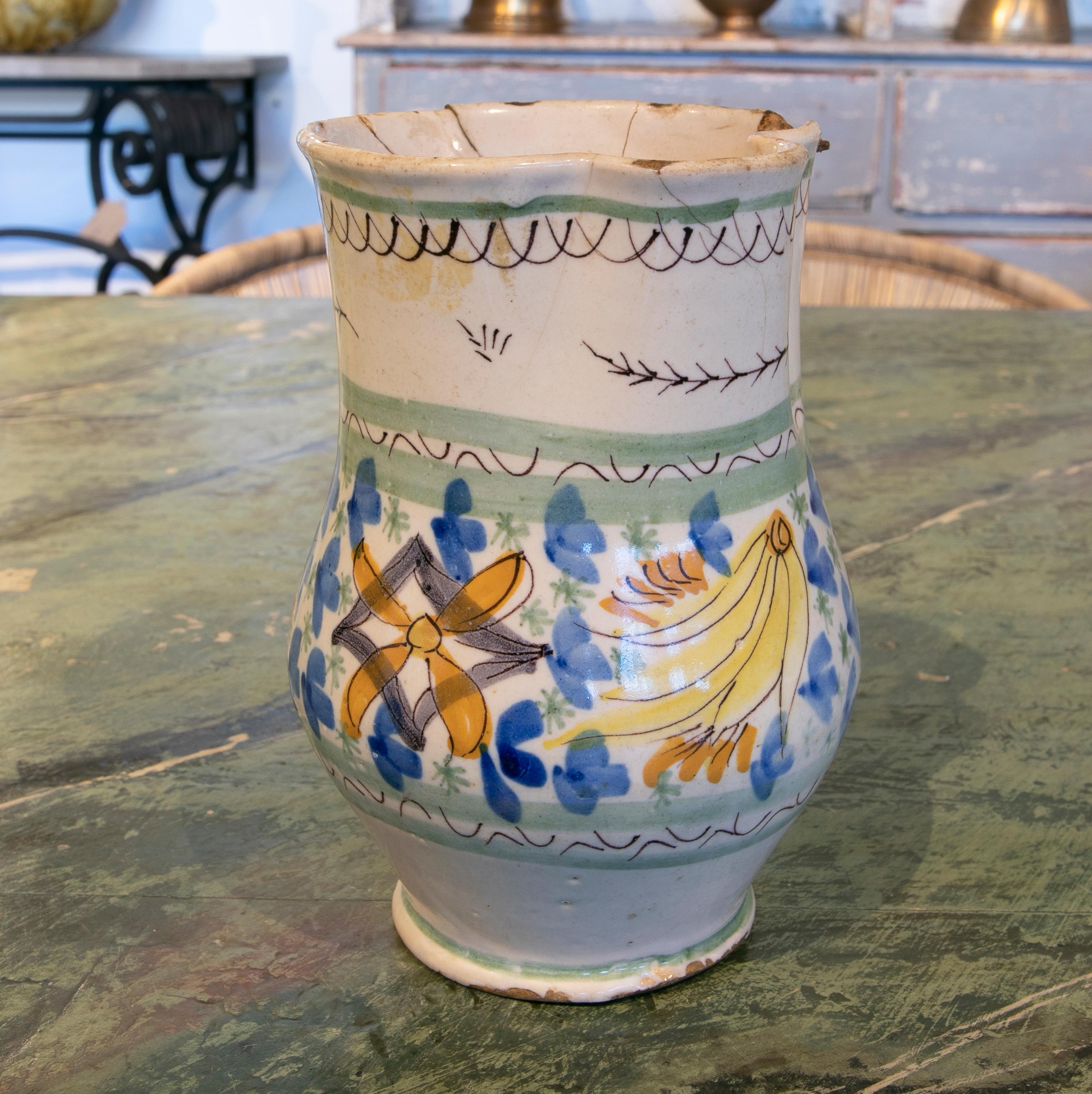 19th Century Spanish Hand Painted Glazed Ceramic Jug at 1stDibs