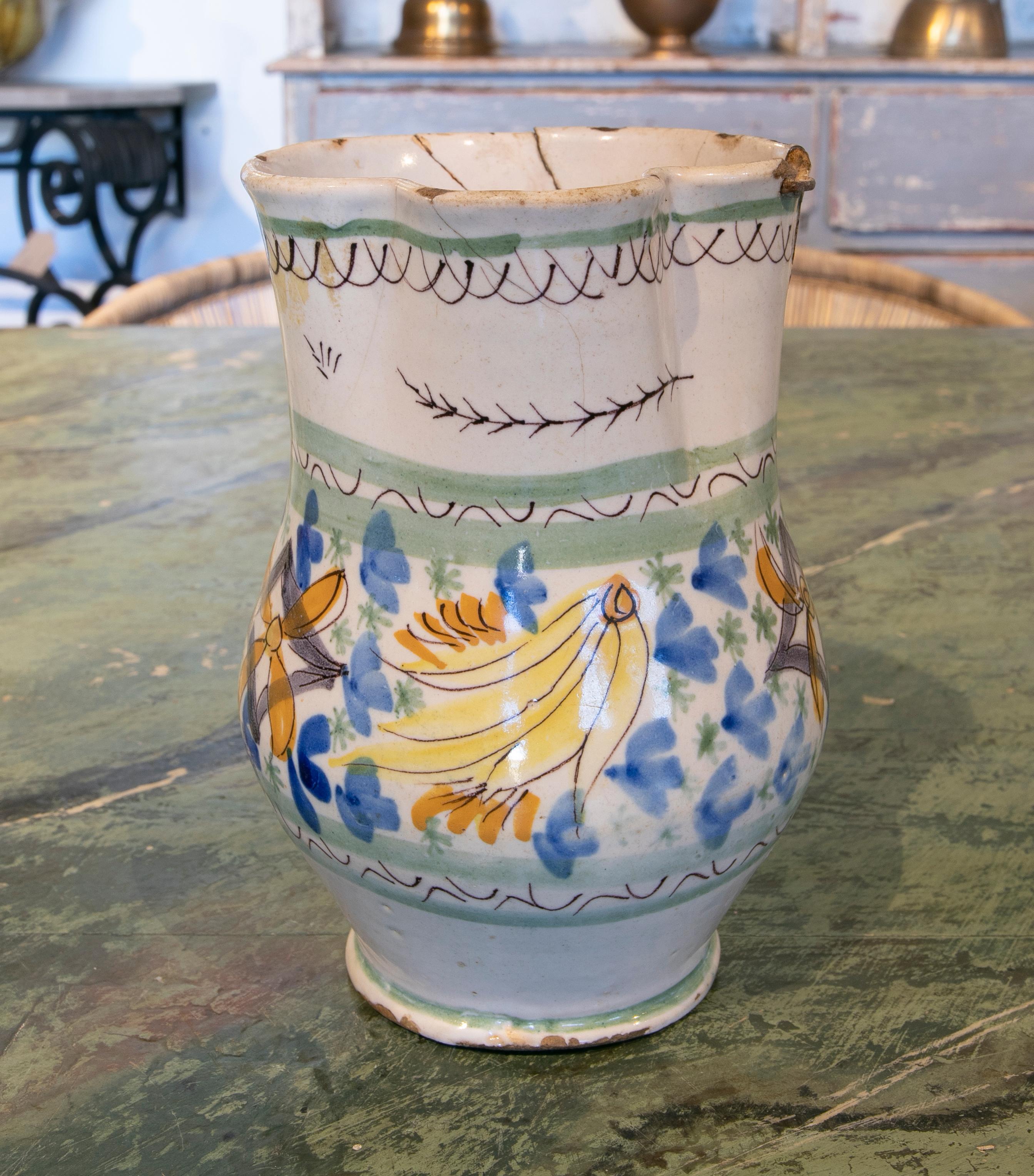 19th Century Spanish Hand Painted Glazed Ceramic Jug at 1stDibs