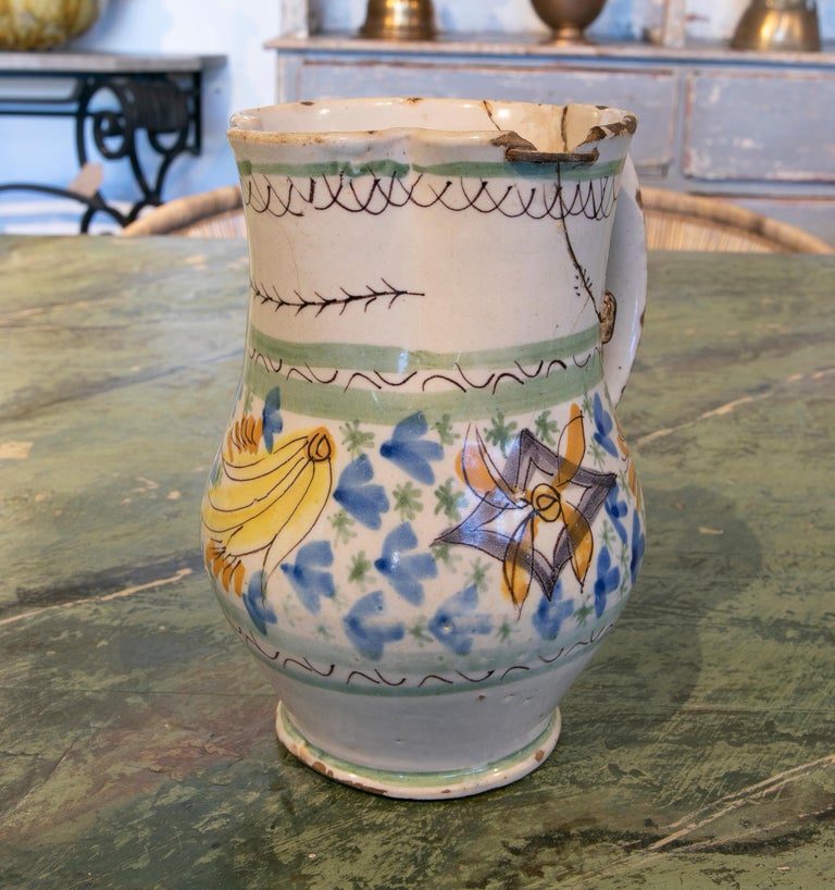 19th Century Spanish Hand Painted Glazed Ceramic Jug For Sale at 1stDibs