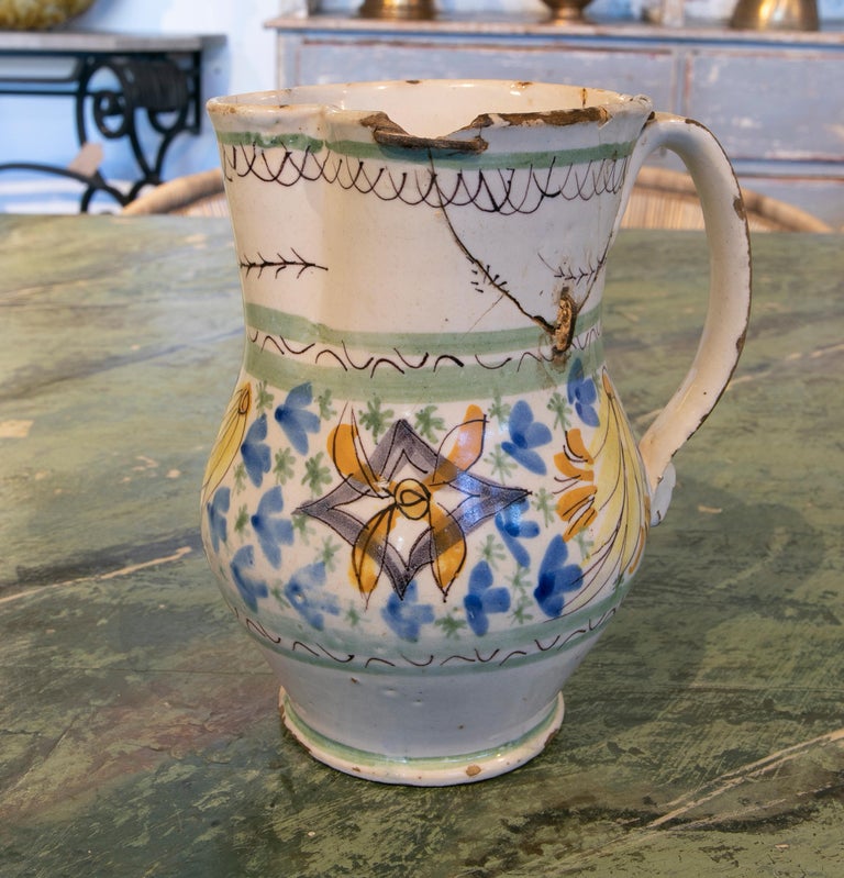19th Century Spanish Hand Painted Glazed Ceramic Jug For Sale at 1stDibs