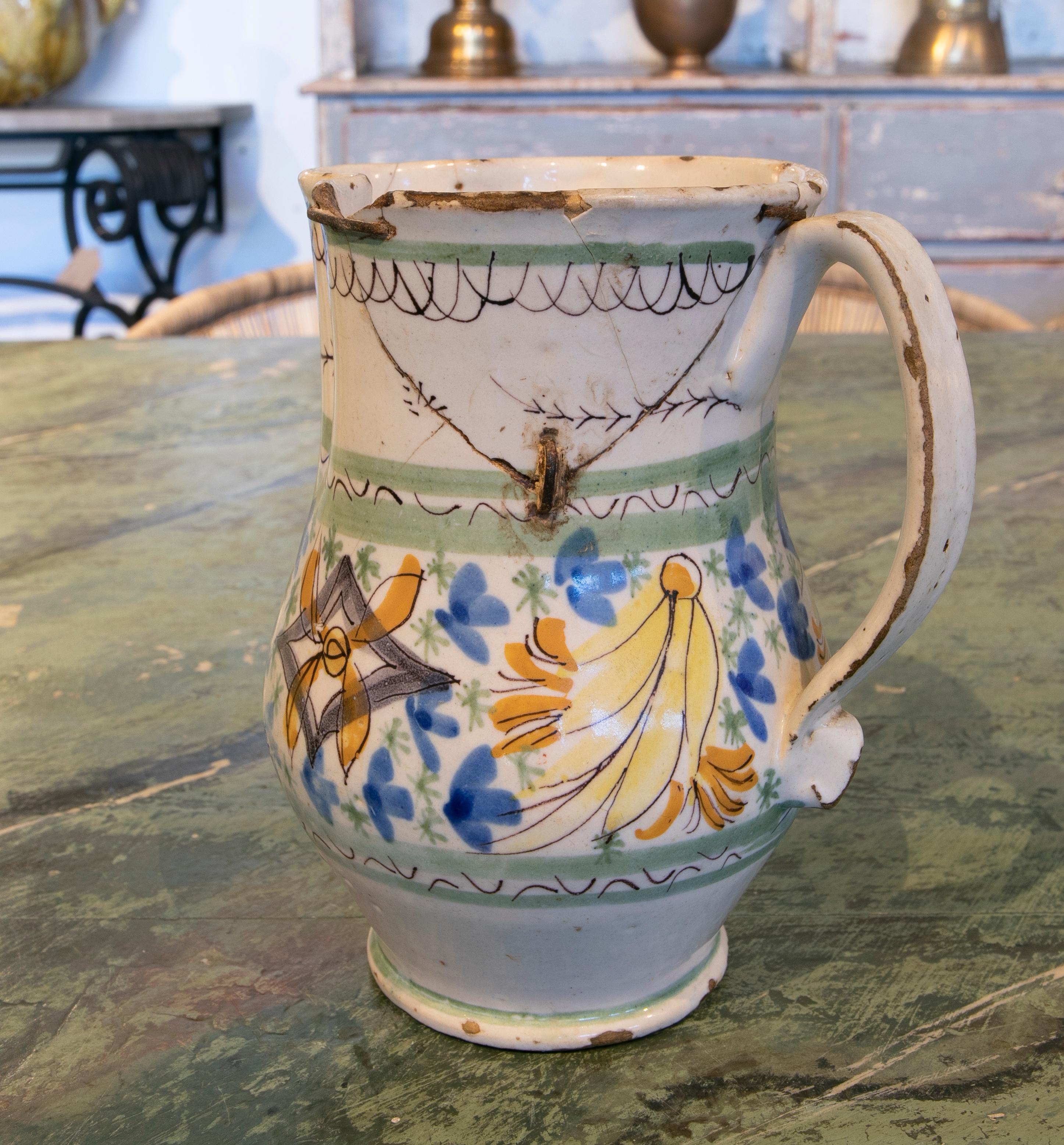 19th Century Spanish Hand Painted Glazed Ceramic Jug at 1stDibs