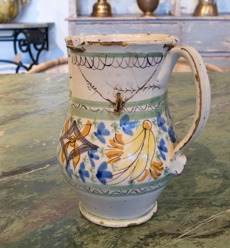 19th Century Spanish Hand Painted Glazed Ceramic Jug For Sale at 1stDibs
