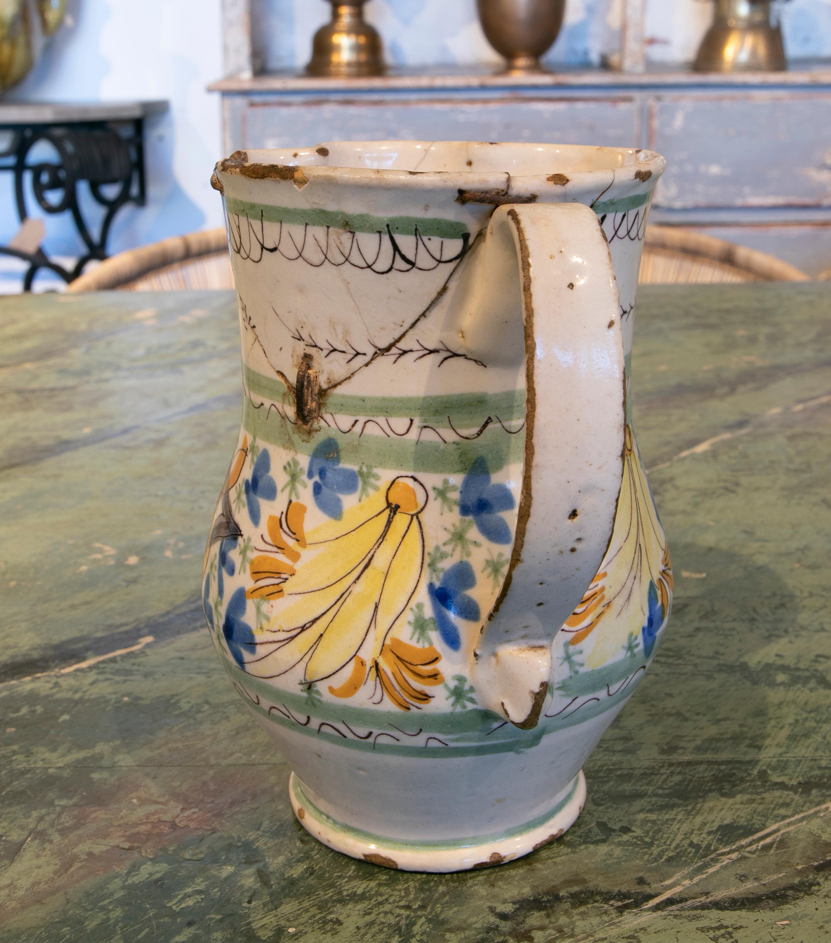 19th Century Spanish Hand Painted Glazed Ceramic Jug at 1stDibs