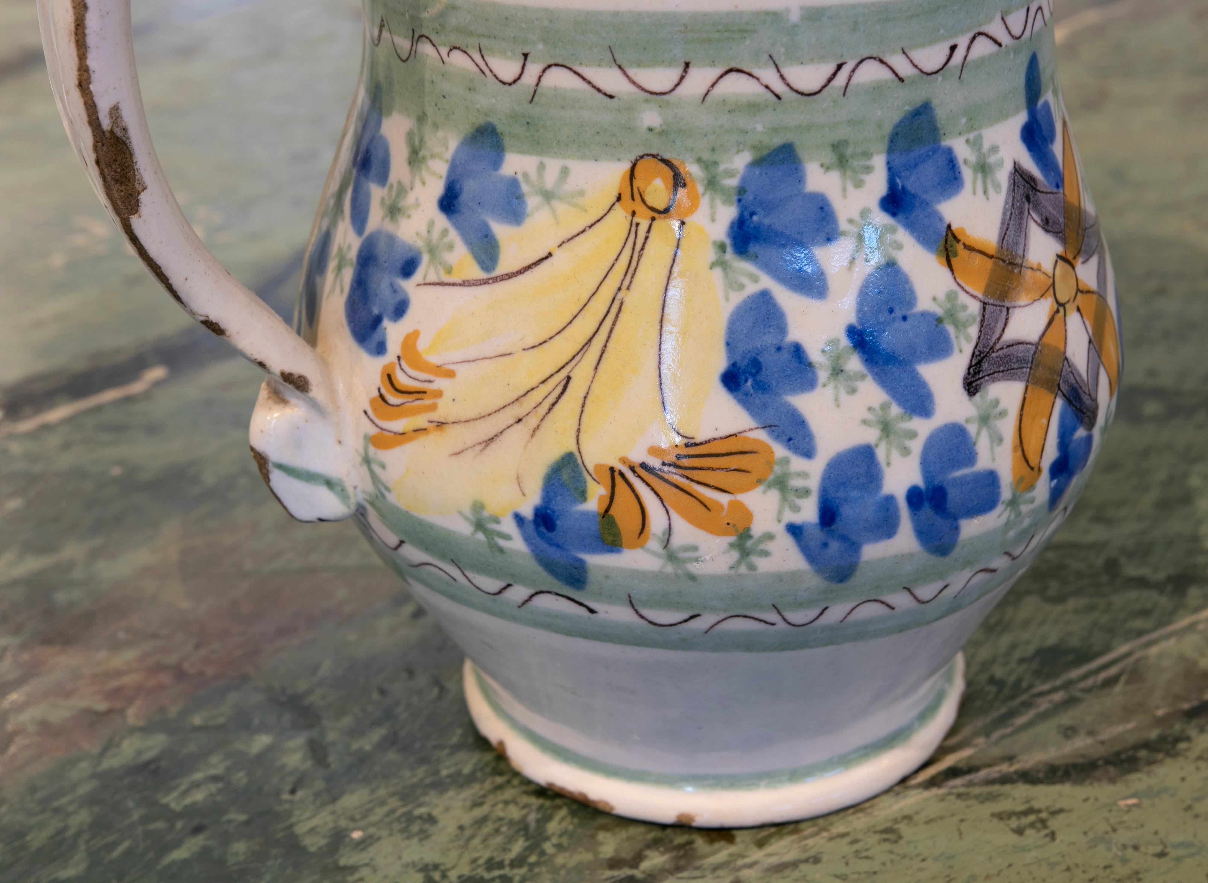 19th Century Spanish Hand Painted Glazed Ceramic Jug at 1stDibs