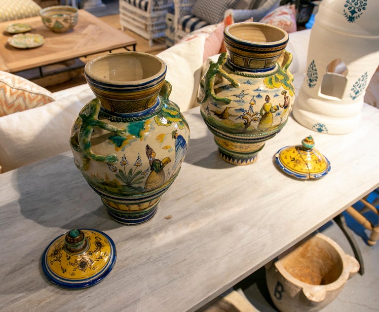 19th Century Spanish Pair of Hand-Painted Vases with Lid from Triana ...