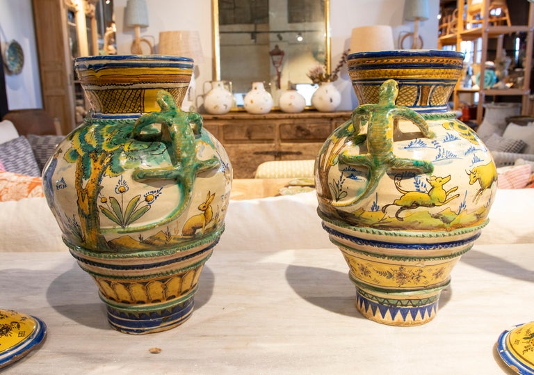 19th Century Spanish Pair of Hand-Painted Vases with Lid from Triana ...