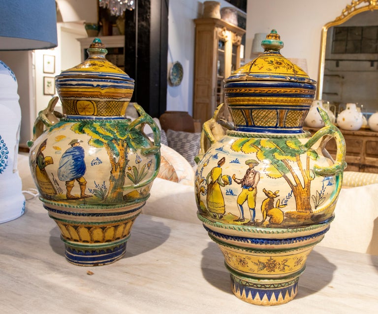 19th Century Spanish Pair of Hand-Painted Vases with Lid from Triana ...