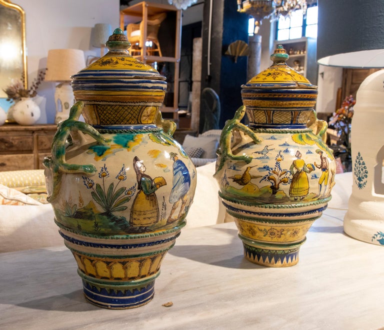 19th Century Spanish Pair of Hand-Painted Vases with Lid from Triana ...