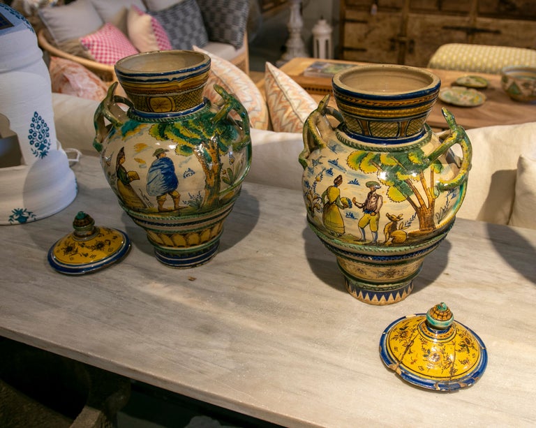19th Century Spanish Pair of Hand-Painted Vases with Lid from Triana ...